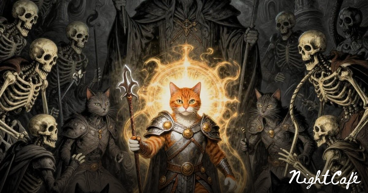 Cat Paladin Leads D&D Battle Against Necromancer - AI Art