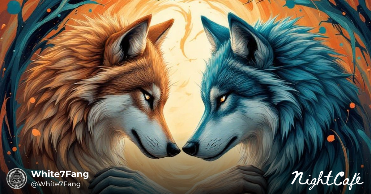 Two majestic wolves, symbolizing yin and yang, are captured in an ...