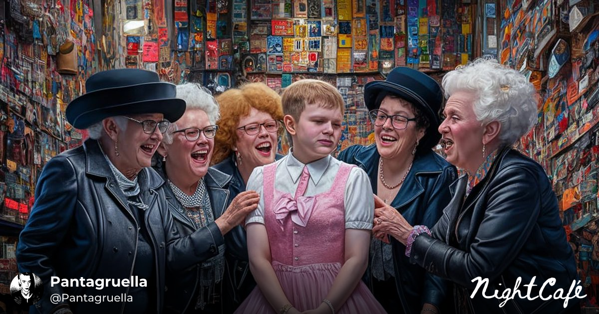 Elderly Women in Edgy Leather Laugh at Fashion-For... - AI Art