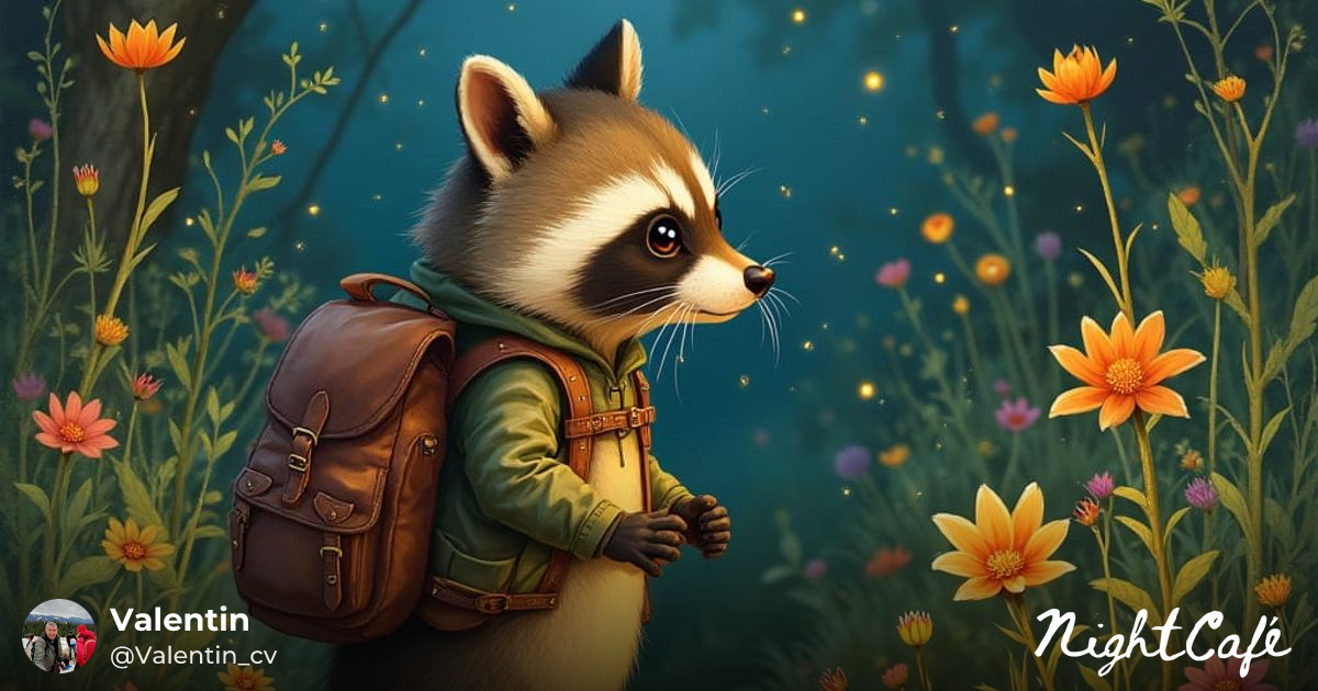 Raccoon Explorer in Whimsical Storybook Garden - AI Art
