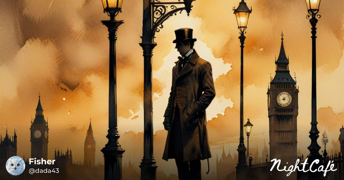 Sherlock Holmes standing next to a lamp post in London,