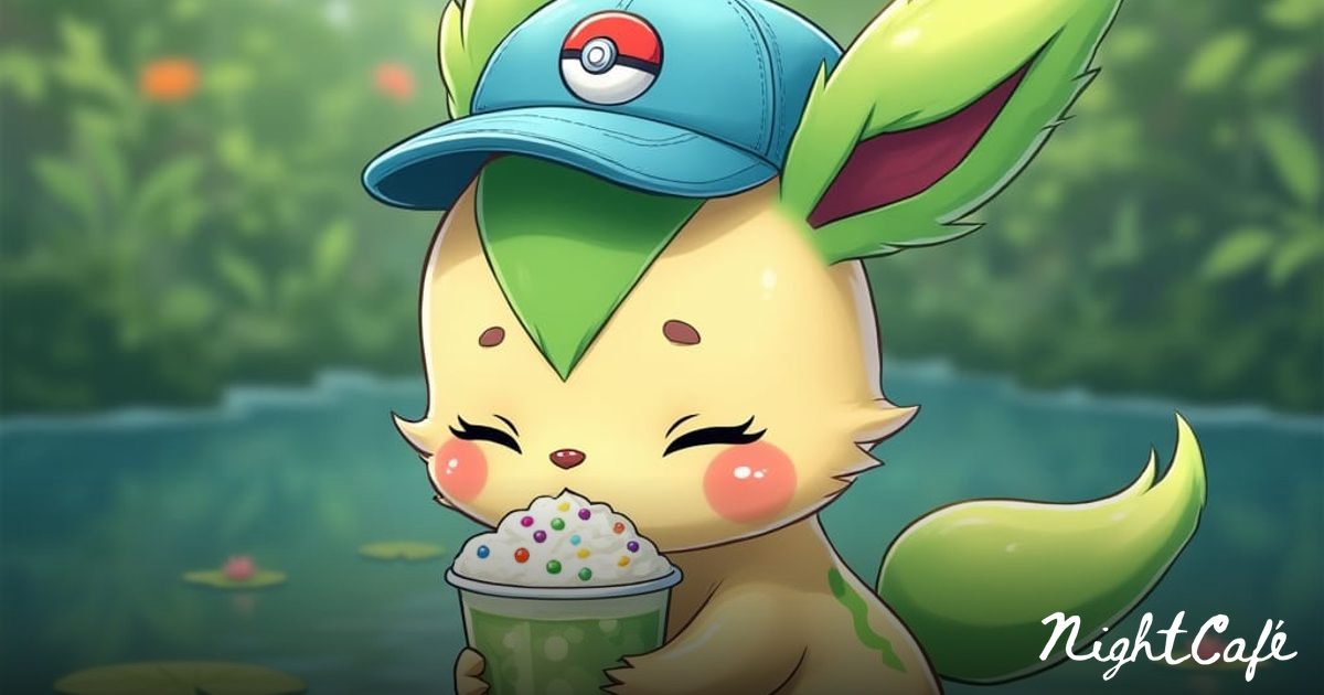 Leafeon Sips Matcha Boba in Whimsical Cartoon Land... - AI Art