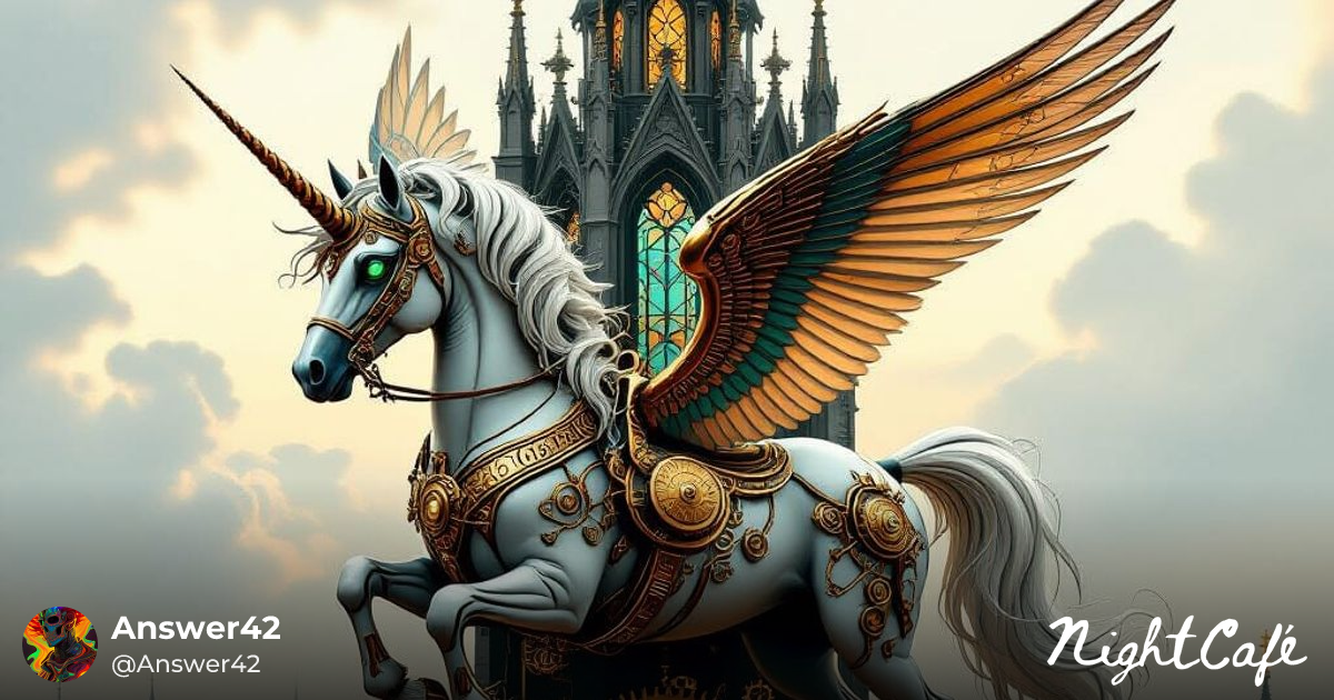 Clockwork Unicorn on Gothic Spire in Steampunk Sty... - AI Art