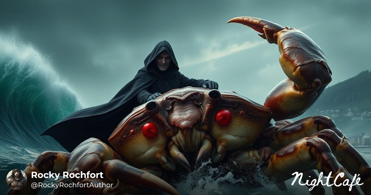 Evil villain riding a giant crab out of the ocean to attack a coastal ...