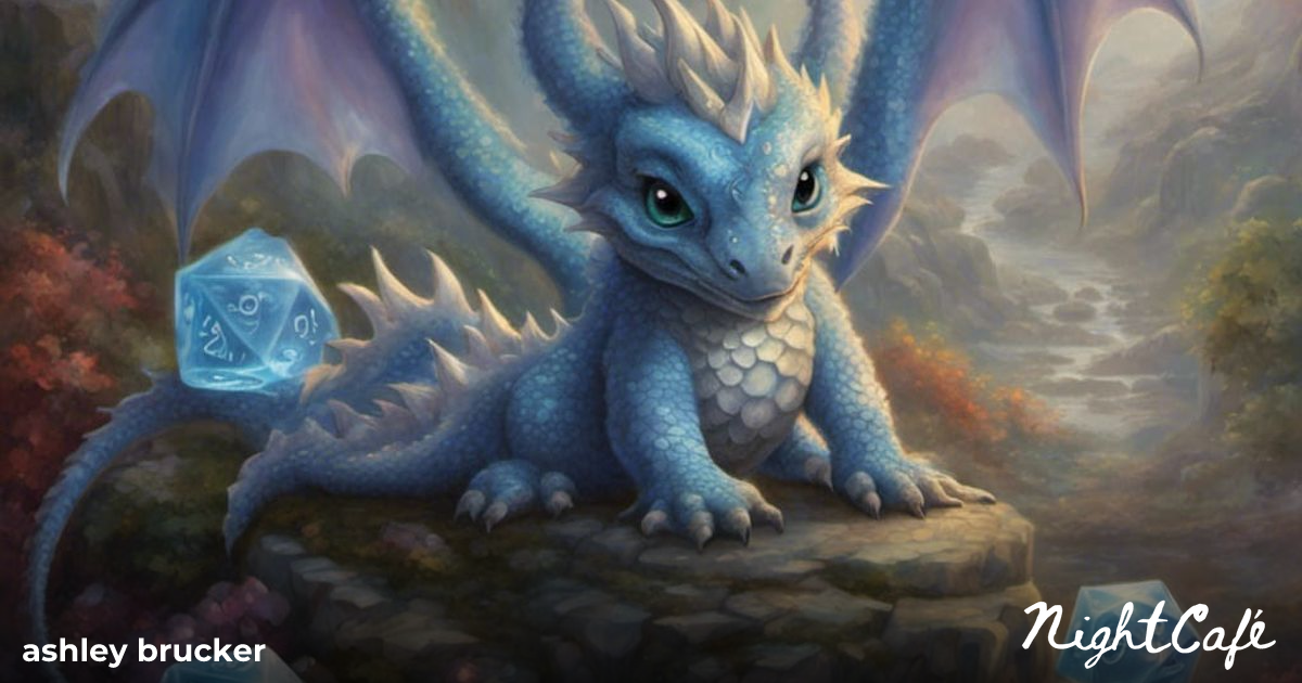 Baby Dragon with D20 in Ethereal Fantasy Style - AI Art