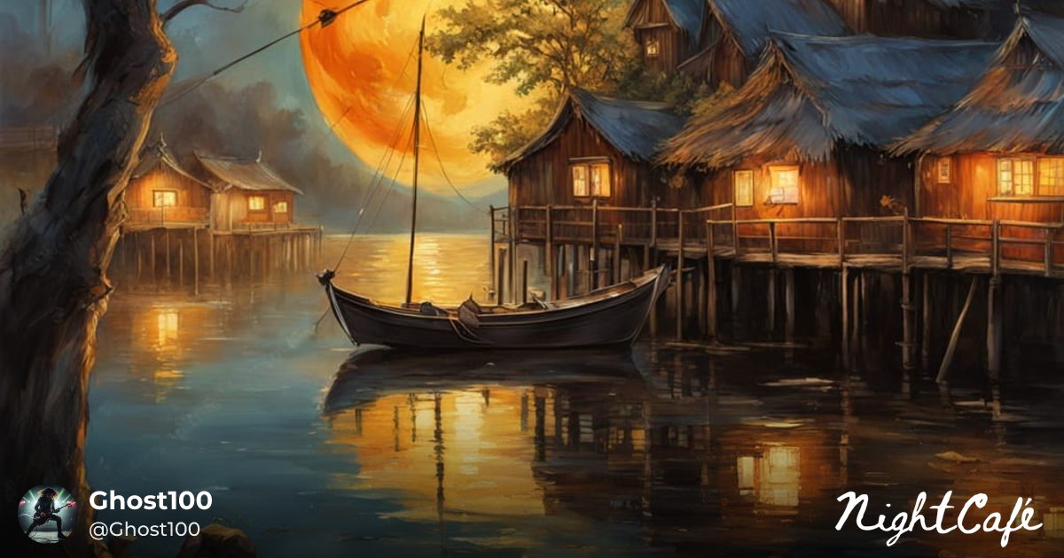 Orange Moon Over Fishing Village in Painterly Styl... - AI Art