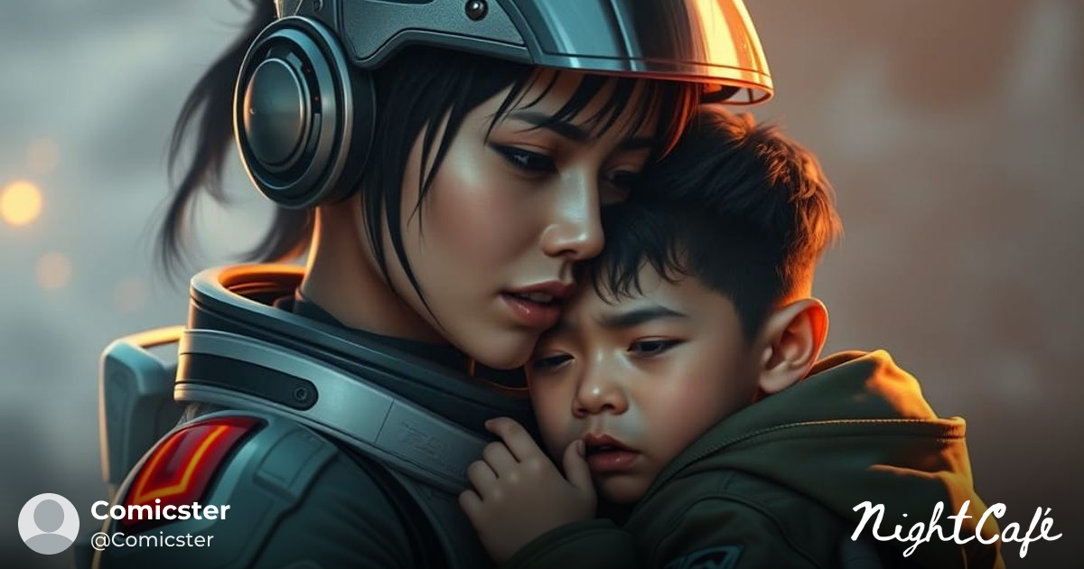 Epic Futuristic Female Space Ranger Hugs Crying Bo... - AI Art