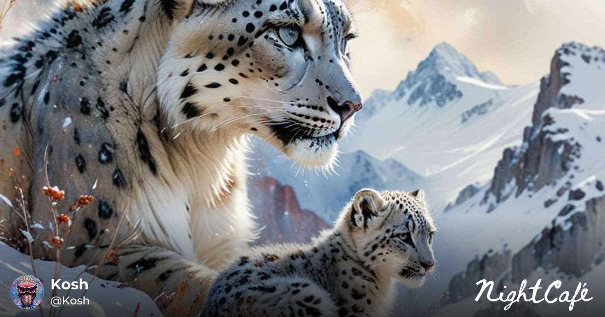 Snow Leopard and Cub on Snowy Path in Watercolor S... - AI Art