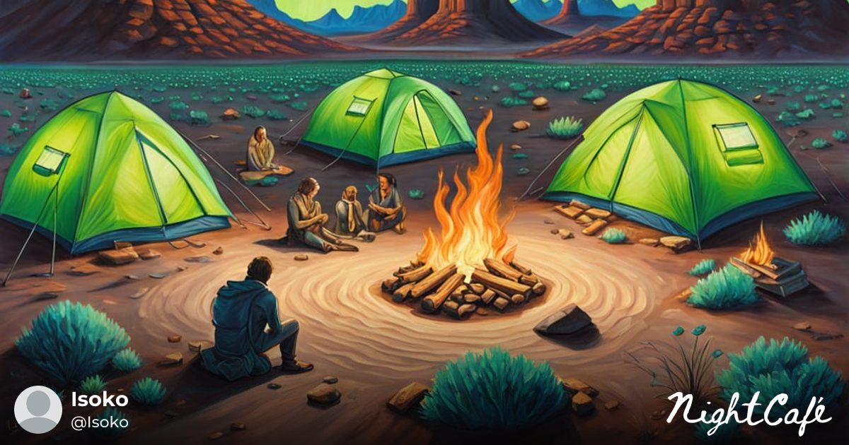 Neon Land - Neon Desert Camping Scene: An Oil Painting