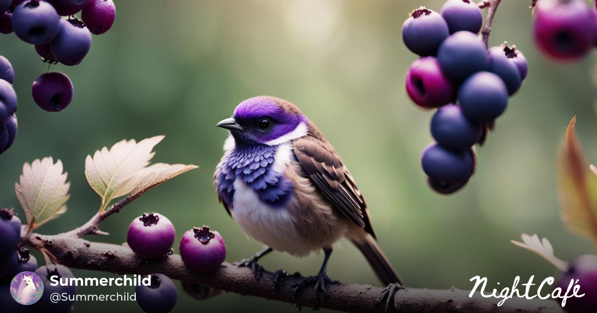 Small bird with hurt wing under bush with purple berries, hopeful eyes ...