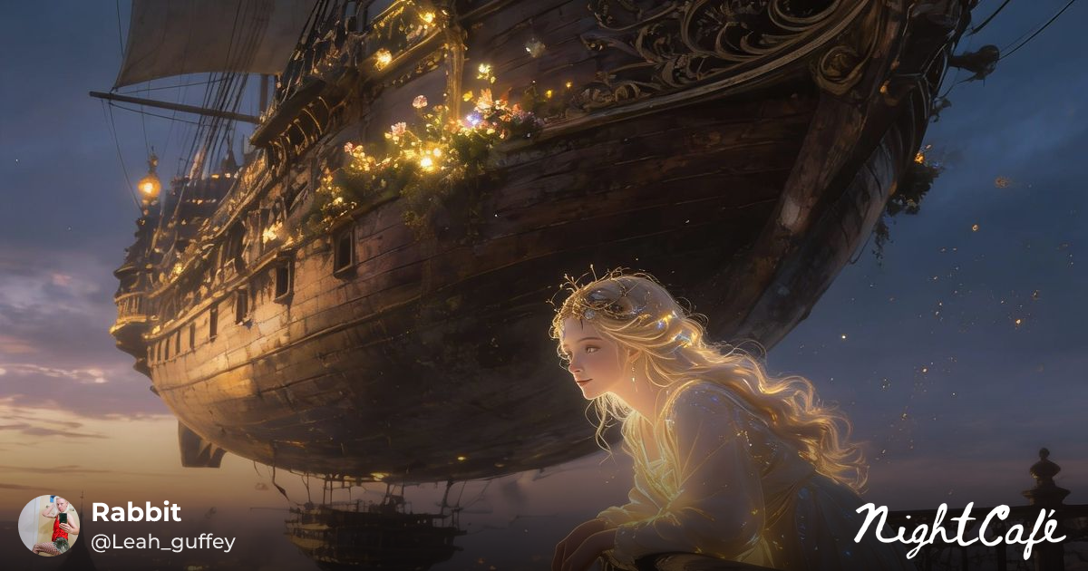 Airship - Woman on Ancient Airship Above Twilight City