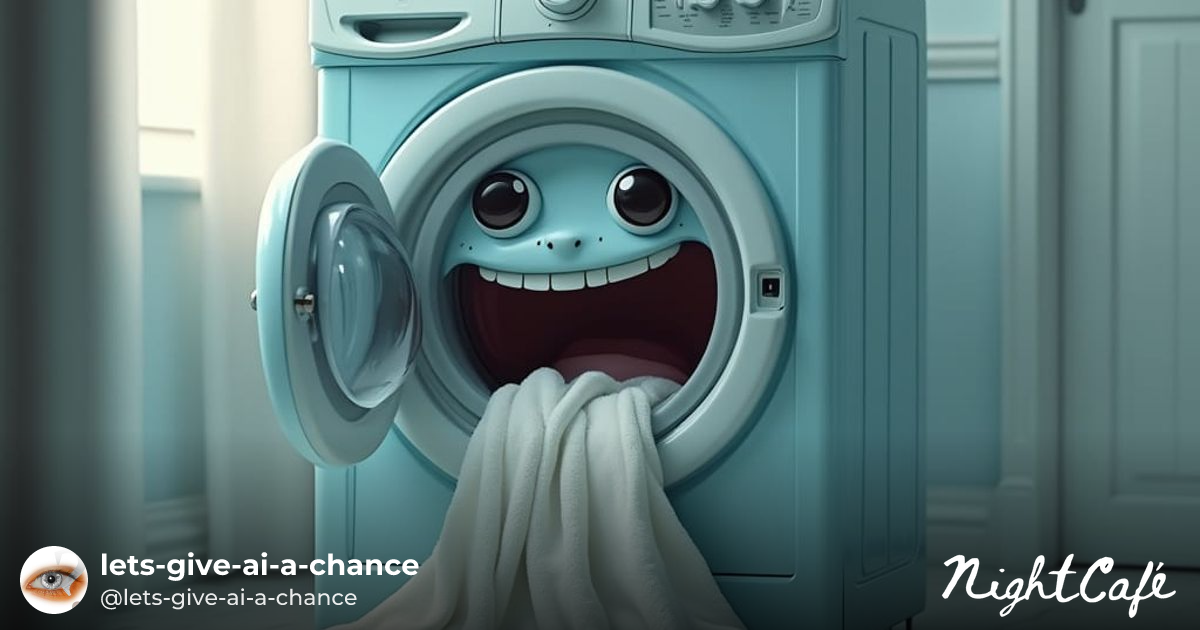 Cartoon Washing Machine with Chewing Mouth in Bath... - AI Art