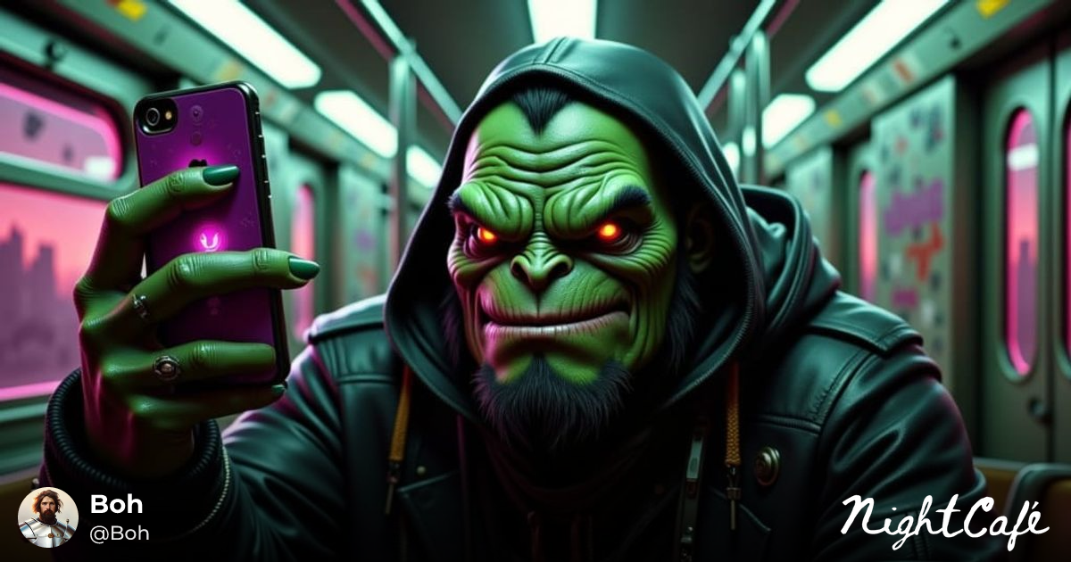 Cyberpunk Orc Takes Selfie on Gritty Subway Train - AI Art
