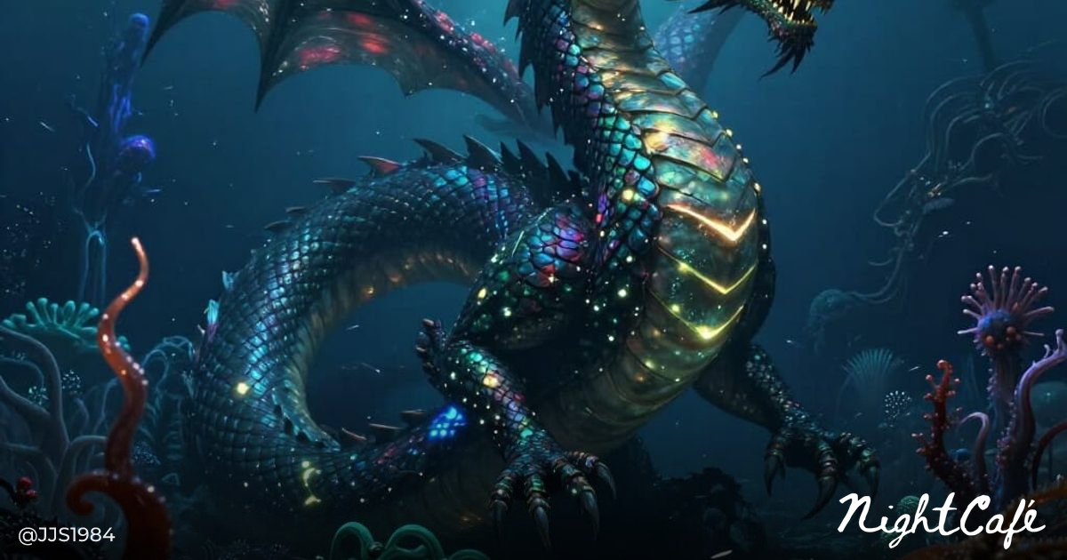 Colossal Bioluminescent Dragon in Deep Ocean Depth... - AI Art