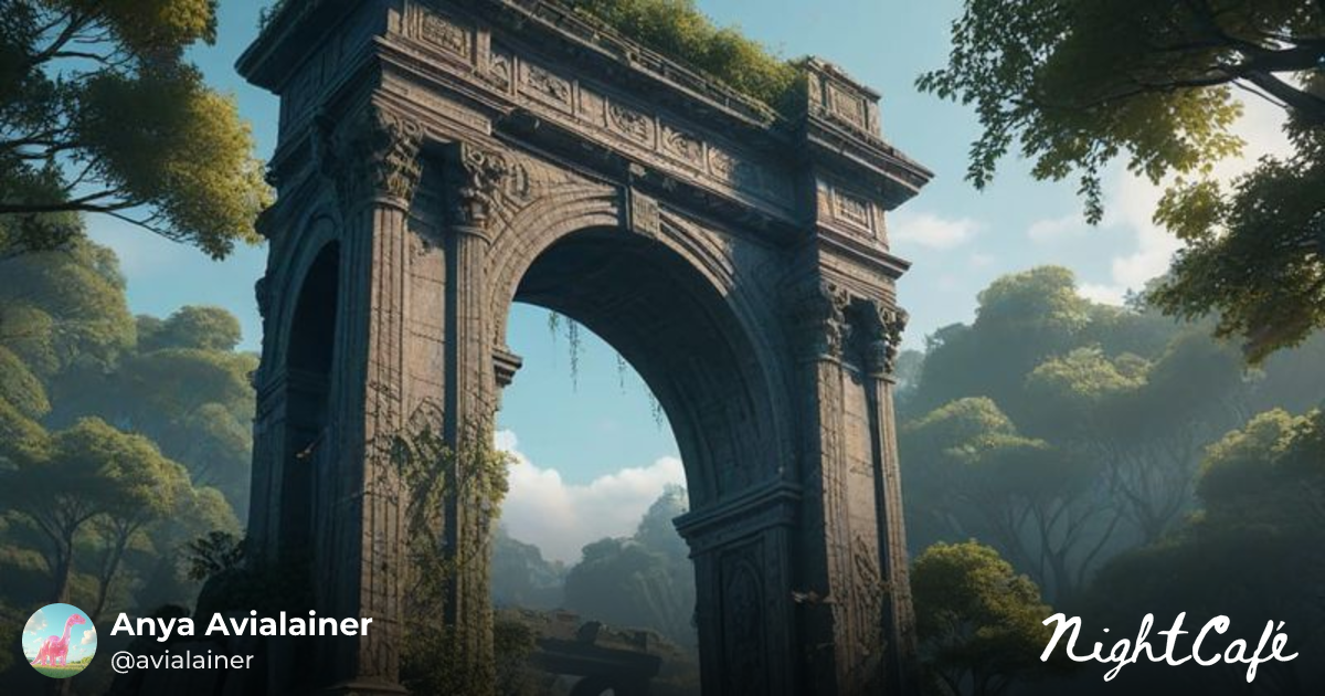 A detailed and stylized ancient arch of columns in the mystical forest