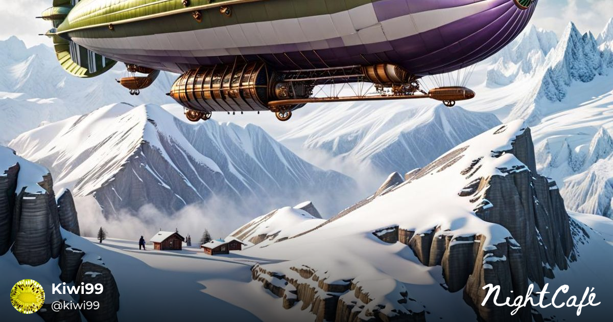 Steampunk Zeppelin Over Snowy Mountains - AI Art