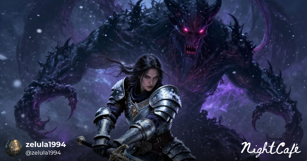 Fantasy Warrior Battles Demon in Snowy Blizzard - AI Art