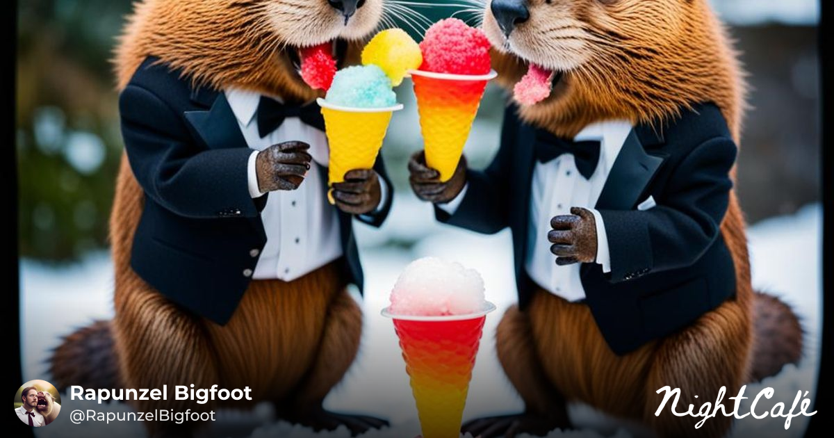 Two Beavers in Tuxedos sharing snow cones