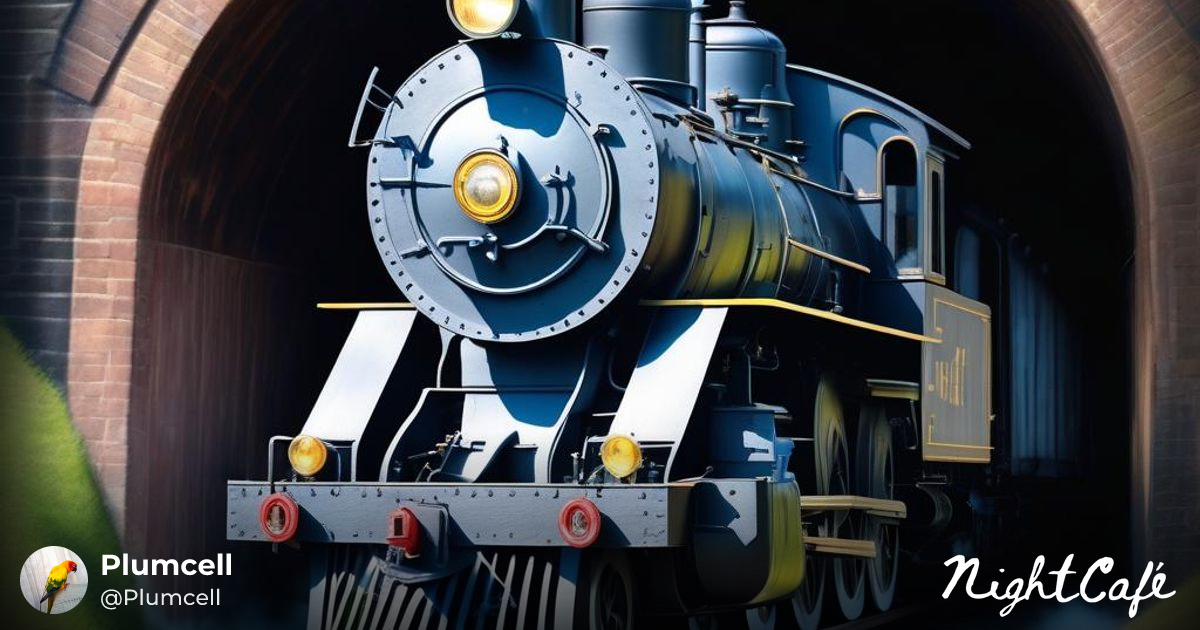 Chalk Art of a steam engine train coming out of a tunnel on two tracks ...