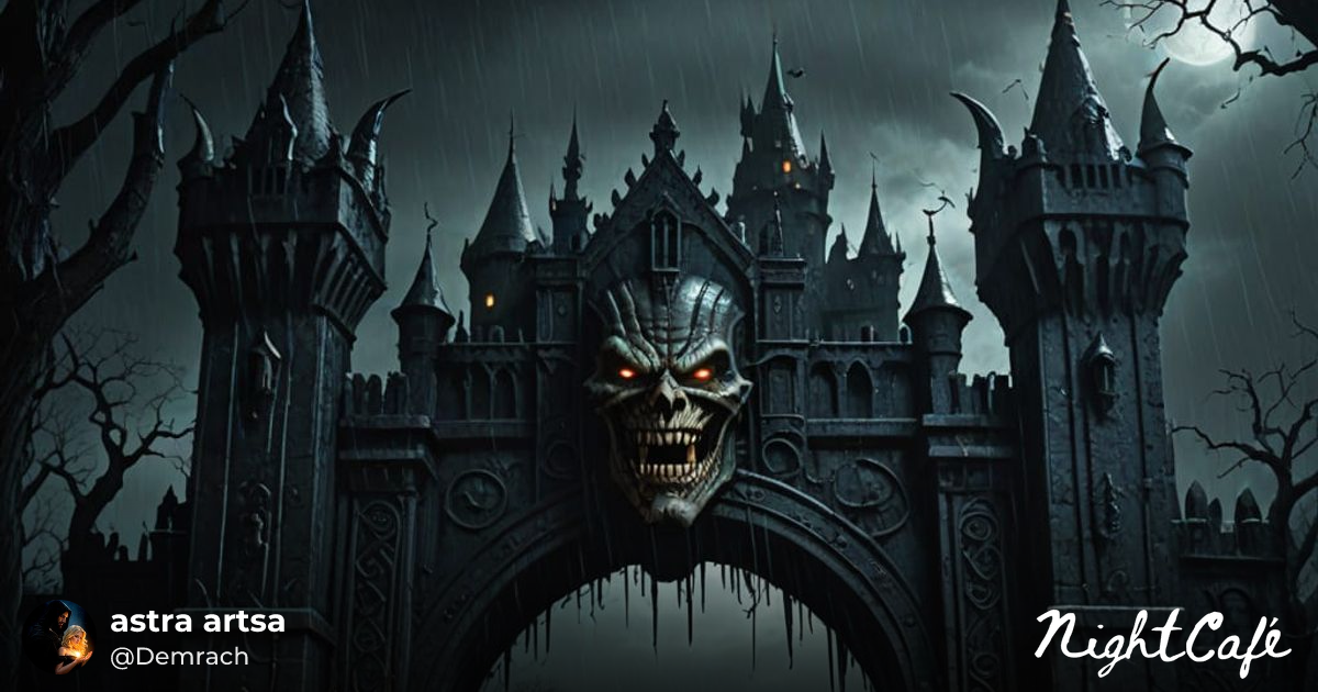 Giant Face Gate to Dark Castle in Eerie Gloom - AI Art