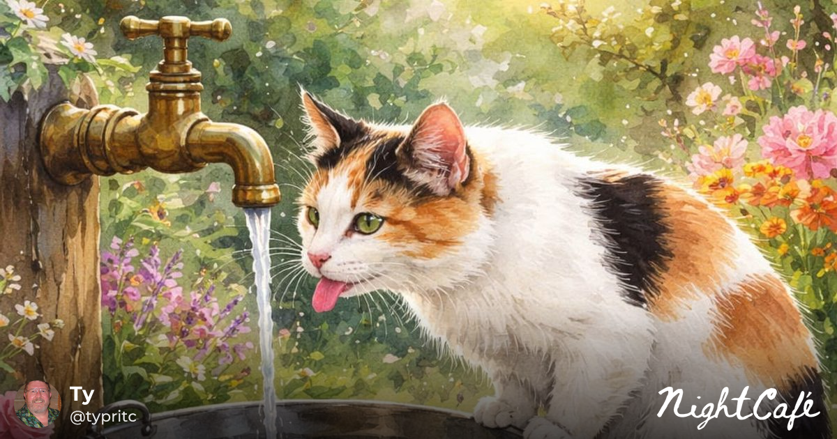 Japanese Bobtail Cat Drinks Water in Lush Garden - AI Art