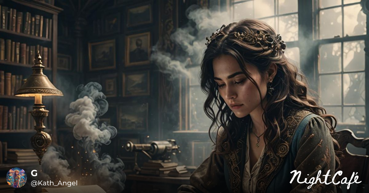 Brunette Woman Typing a Novel: Digital Matte Paint... - AI Art