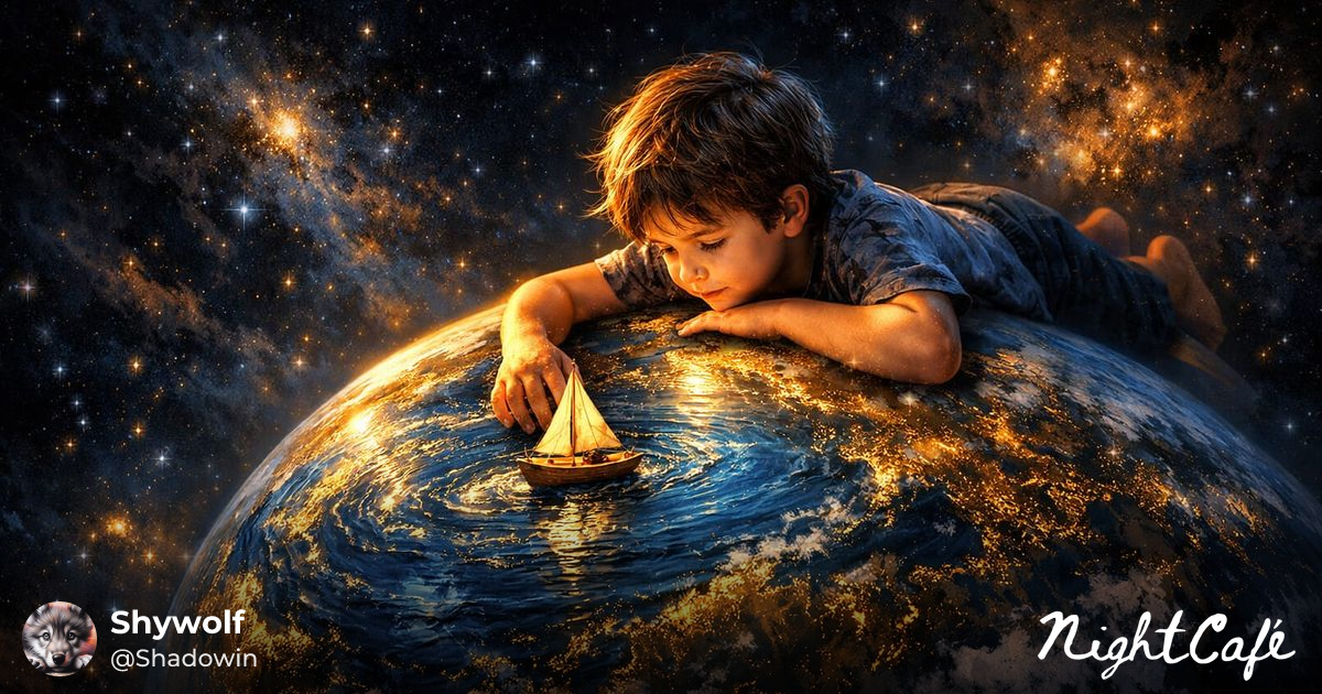 We are Born of Stars - Boy Floats Toy Boat on Globe in Deep ...