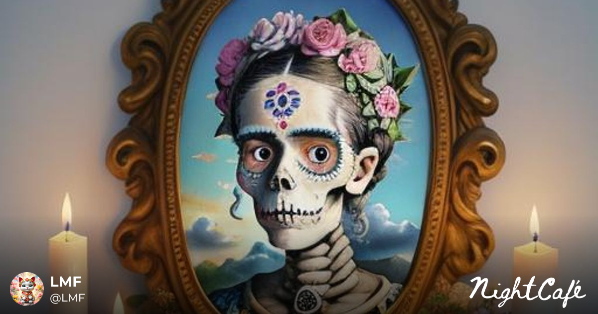 Frida Kahlo sugar skull skeleton in frame alter with candles, flowers ...