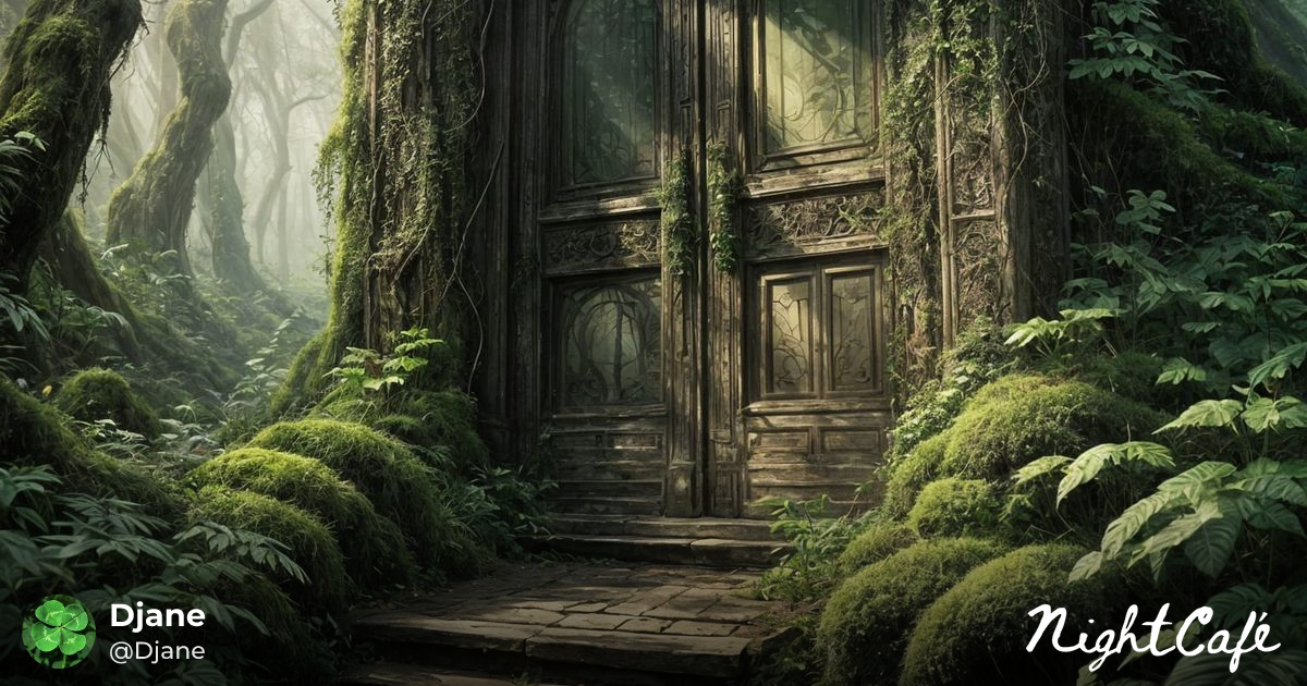 A weathered wooden door stands ajar in the heart of a dense, primeval forest, its frame ...