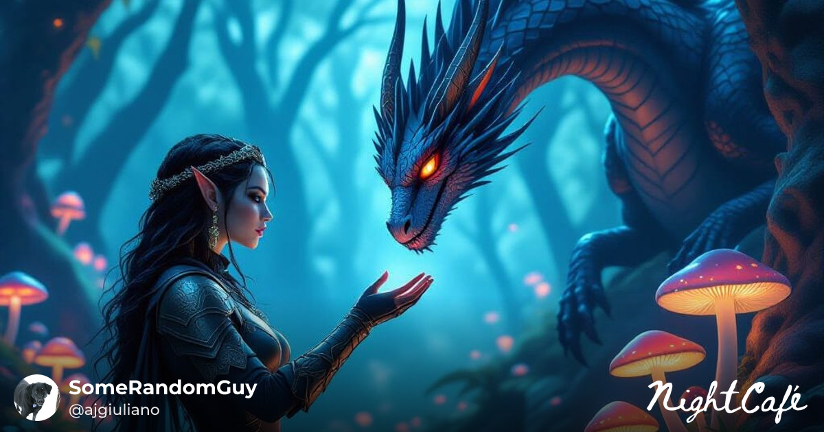 Drow Enchantress and Spectral Dragon in Biolumines... - AI Art