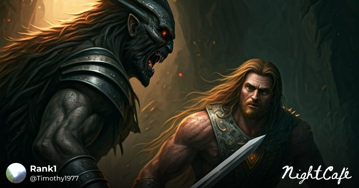 Beowulf Battles Grendel in a Fierce Sword Fight - AI Art