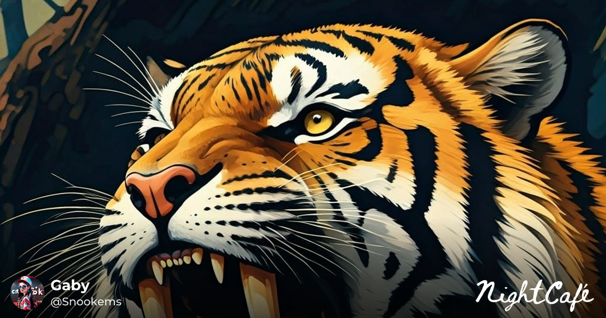 A close-up view of a saber-toothed tiger roaring in the wild, its fangs gleaming in the sunlight