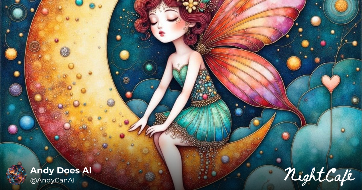 Whimsical Pixie on Crescent Moon in Vibrant Alcoho... - AI Art