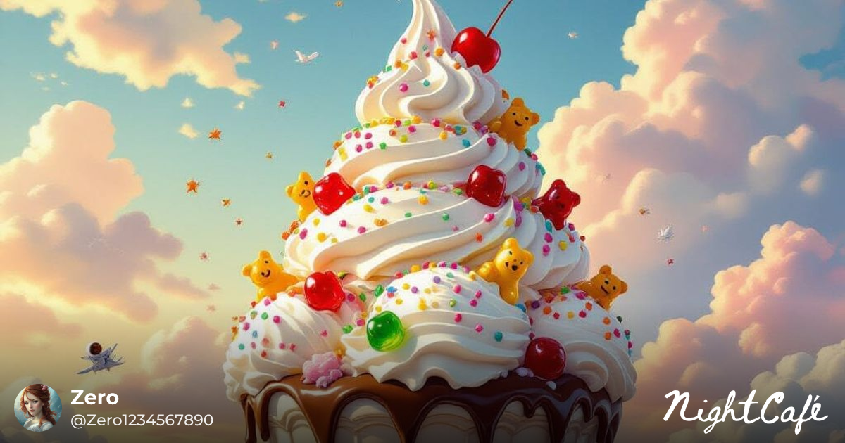 A colossal ice cream sundae towering over a whimsical landscape, with ...