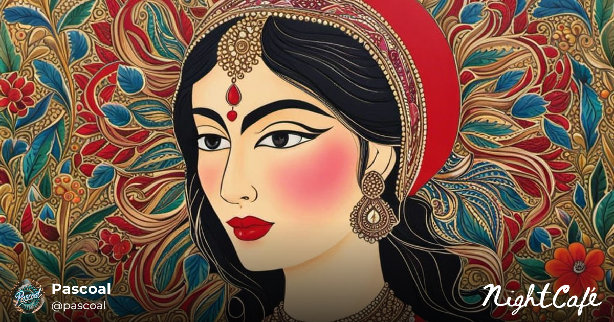 Madhubani art - Woman in Red Dress: Madhubani Style Painting