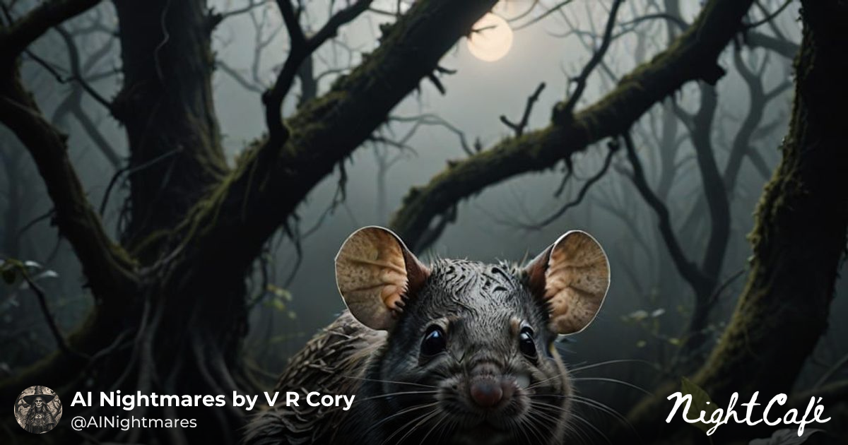 Gothic Mouse Amidst Twisted Moonlit Night Garden - AI Art