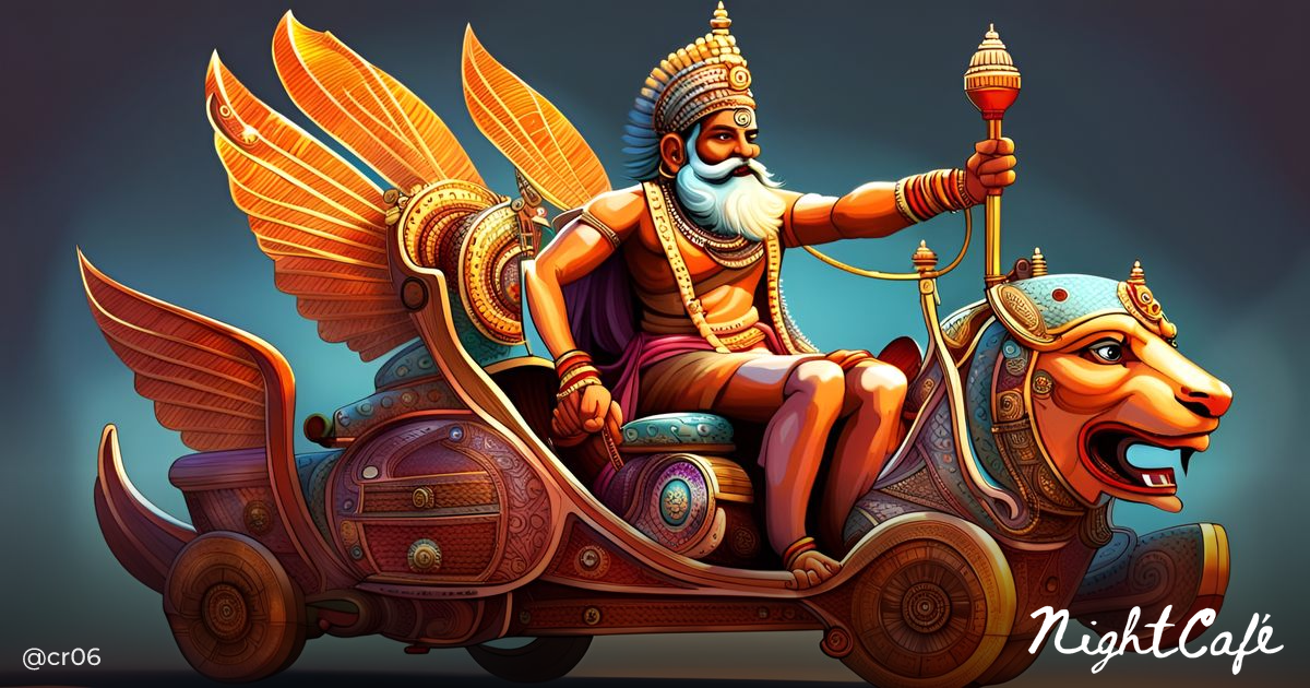 A mighty indian god riding an ancient indian chariot with modern blend ...