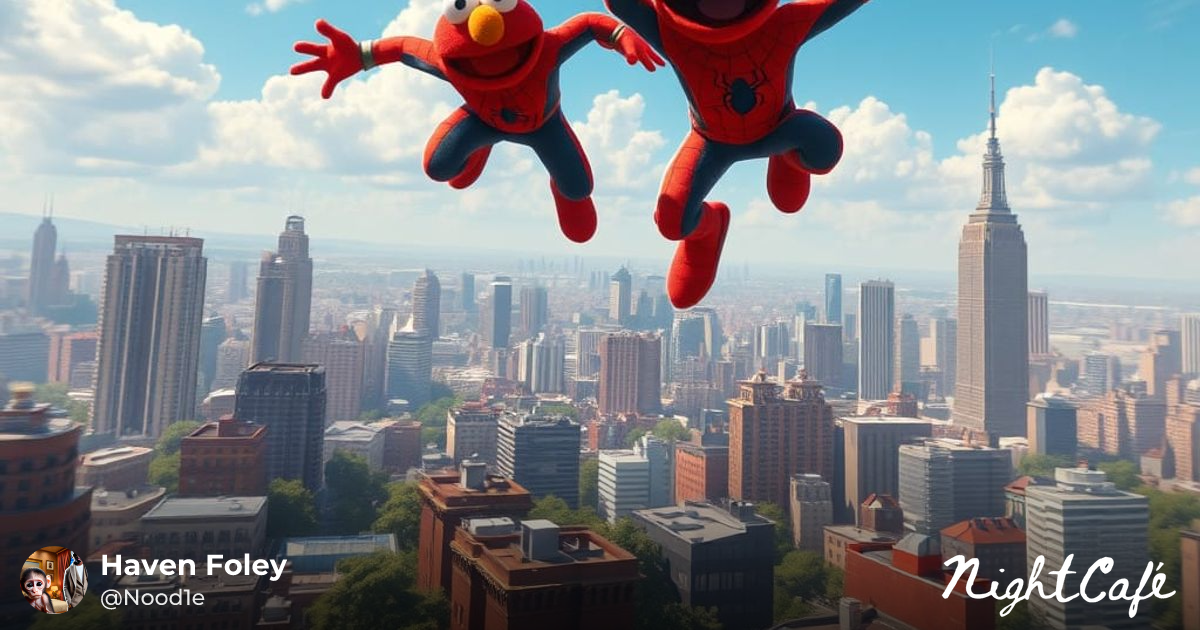 Elmo and Kermit as Superhero Spider-Men Leaping Of... - AI Art