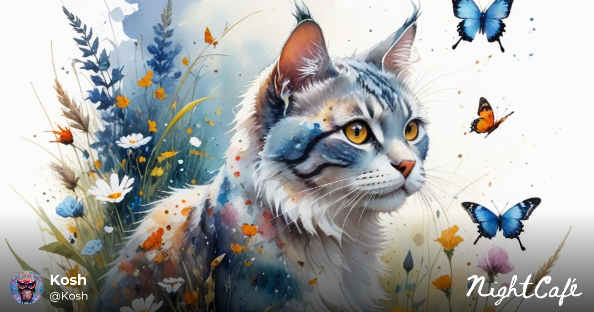 Whimsical Cat and Butterflies in a Vibrant Meadow ... - AI Art