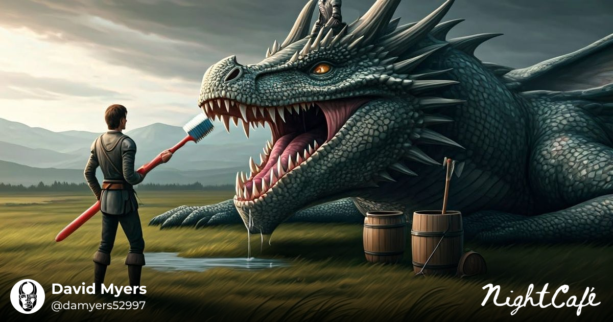 Human Brushing Dragon Teeth: A Fantasy Scene - AI Art