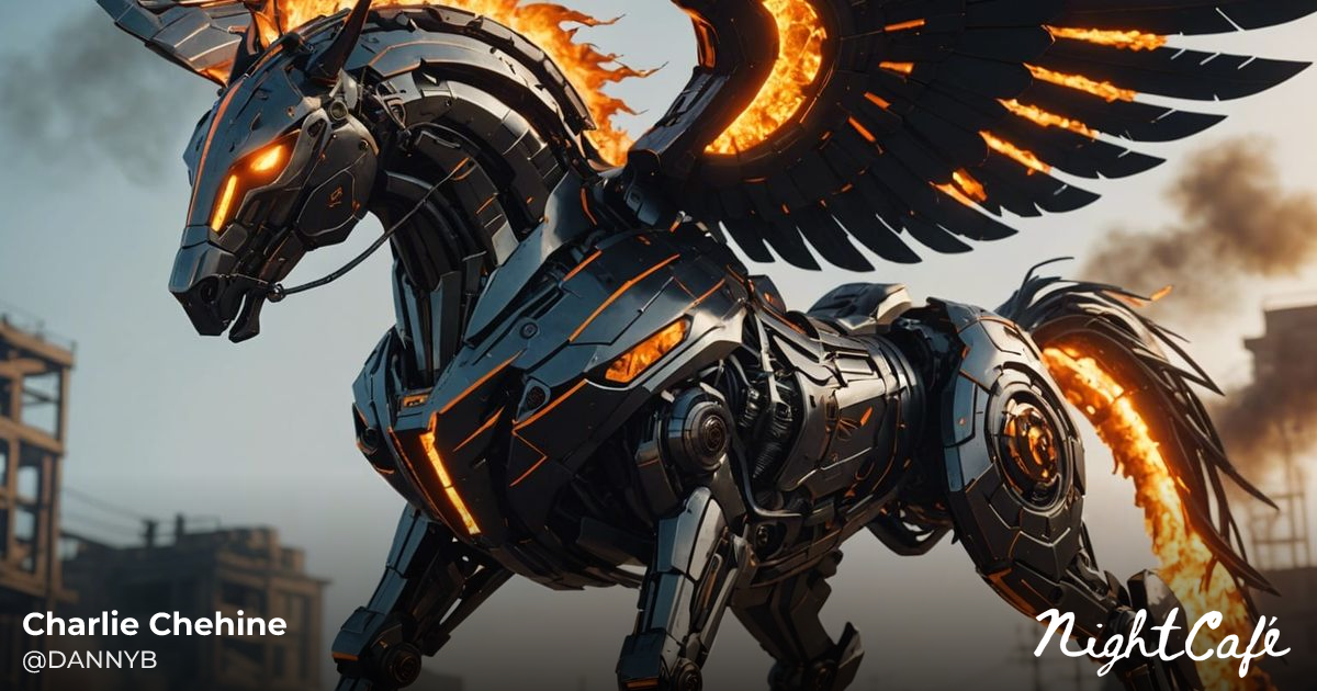 mechasus - Fiery Metal Pegasus in Flight: Sci-Fi Art