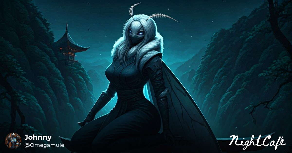 Envision a bipedal anthro moth-woman, with long, flowing silver hair ...