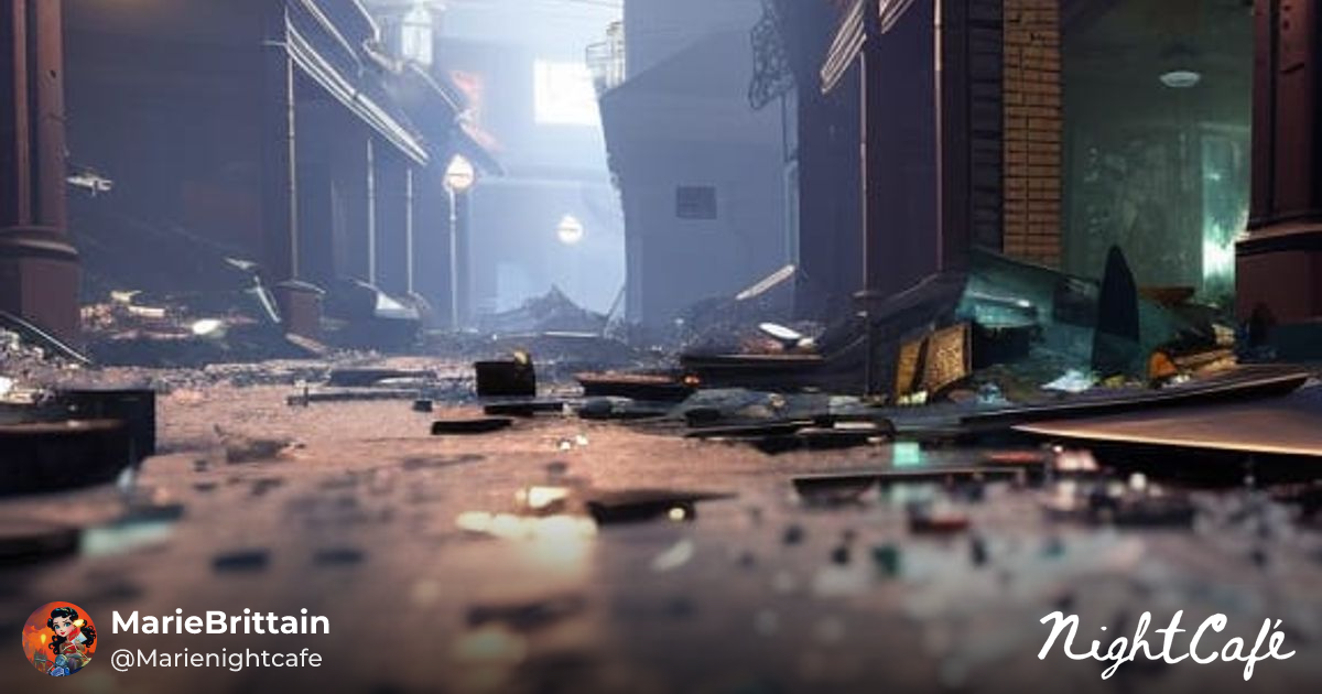 Stores and shops broken down and deserted, broken glass and trash ...