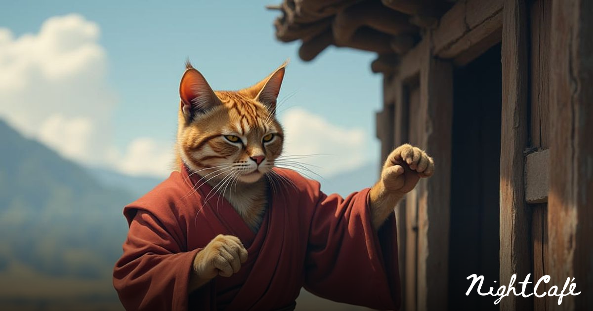 Cyberpunk Cat Monk Fights Barn Buddha in Fantastic... - AI Art