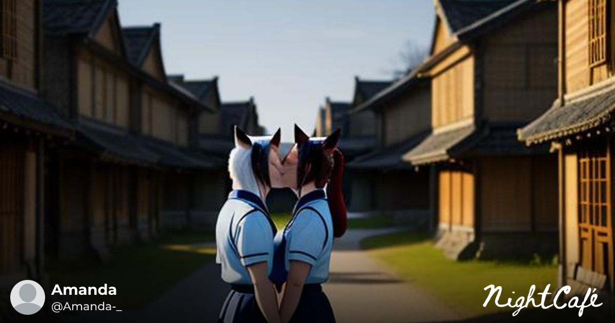 Twin Kitsune Kiss in Village - AI Art