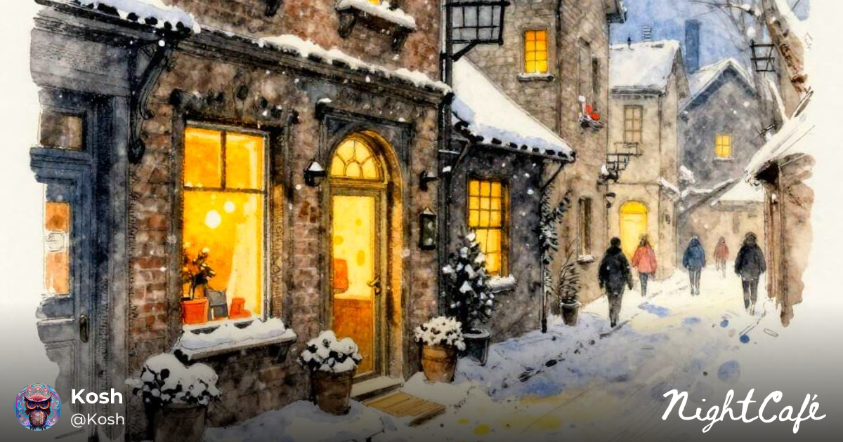Cozy Street Scene with Warm Windows and Falling Sn... - AI Art