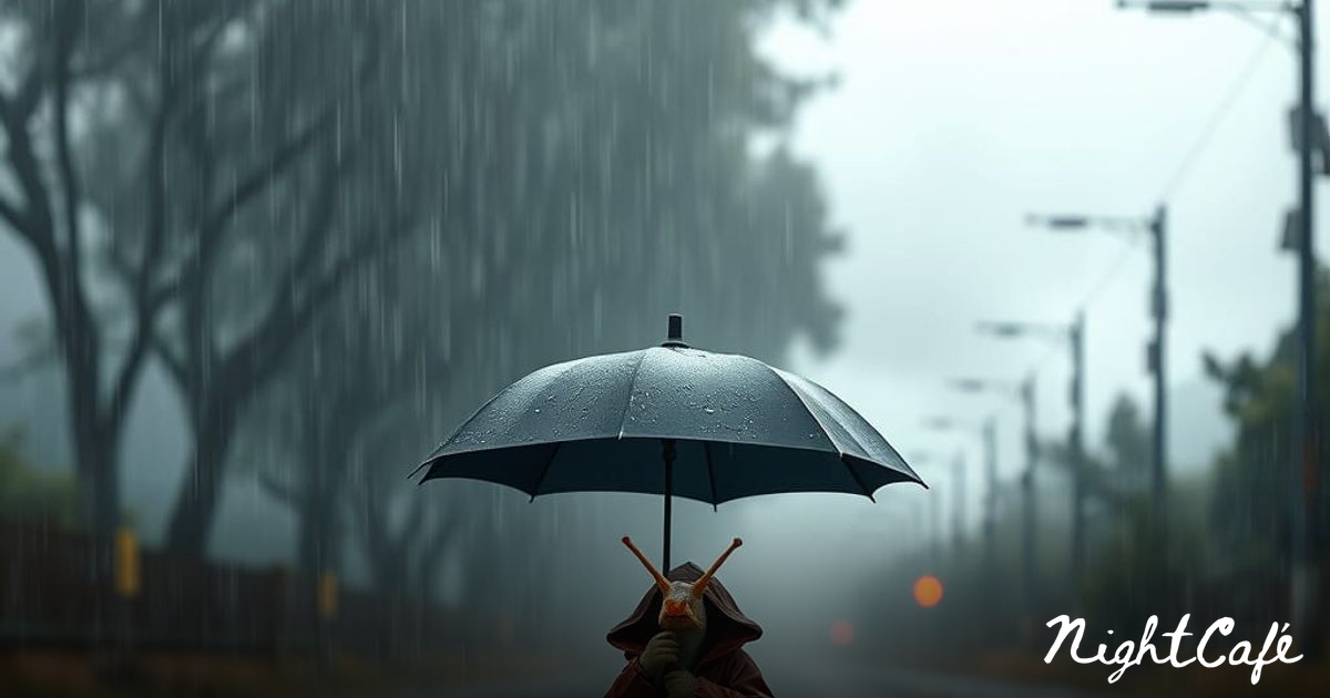 Snail in Raincoat Walks on Rainy Road in Hyper-Rea... - AI Art