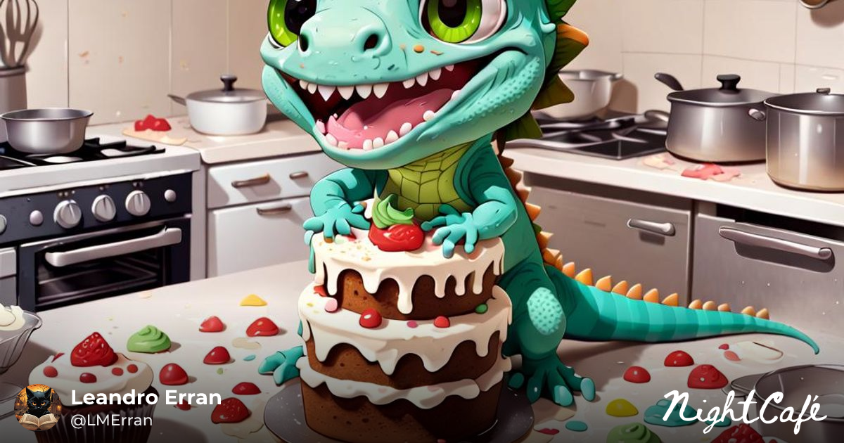 Cheerful Chibi Lizard Baking a Messy Cake - AI Art