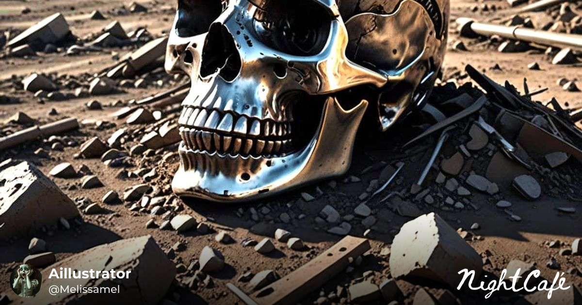 A chrome skull lies half-buried in a desolate wasteland, reflecting the ...