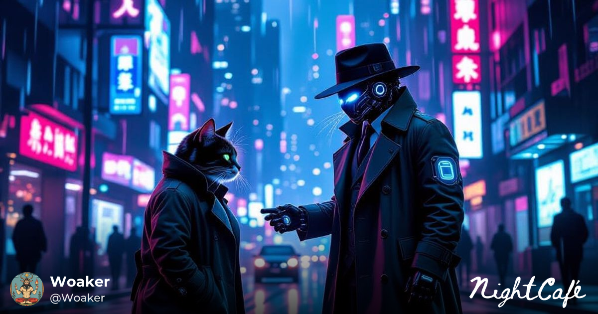 Cyberpunk Cyborg Cat Detective in Neon City - AI Art